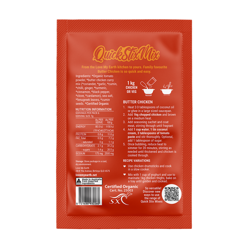 Butter Chicken Quick Stix Mix 45g - Organic recipe base & seasoning ...