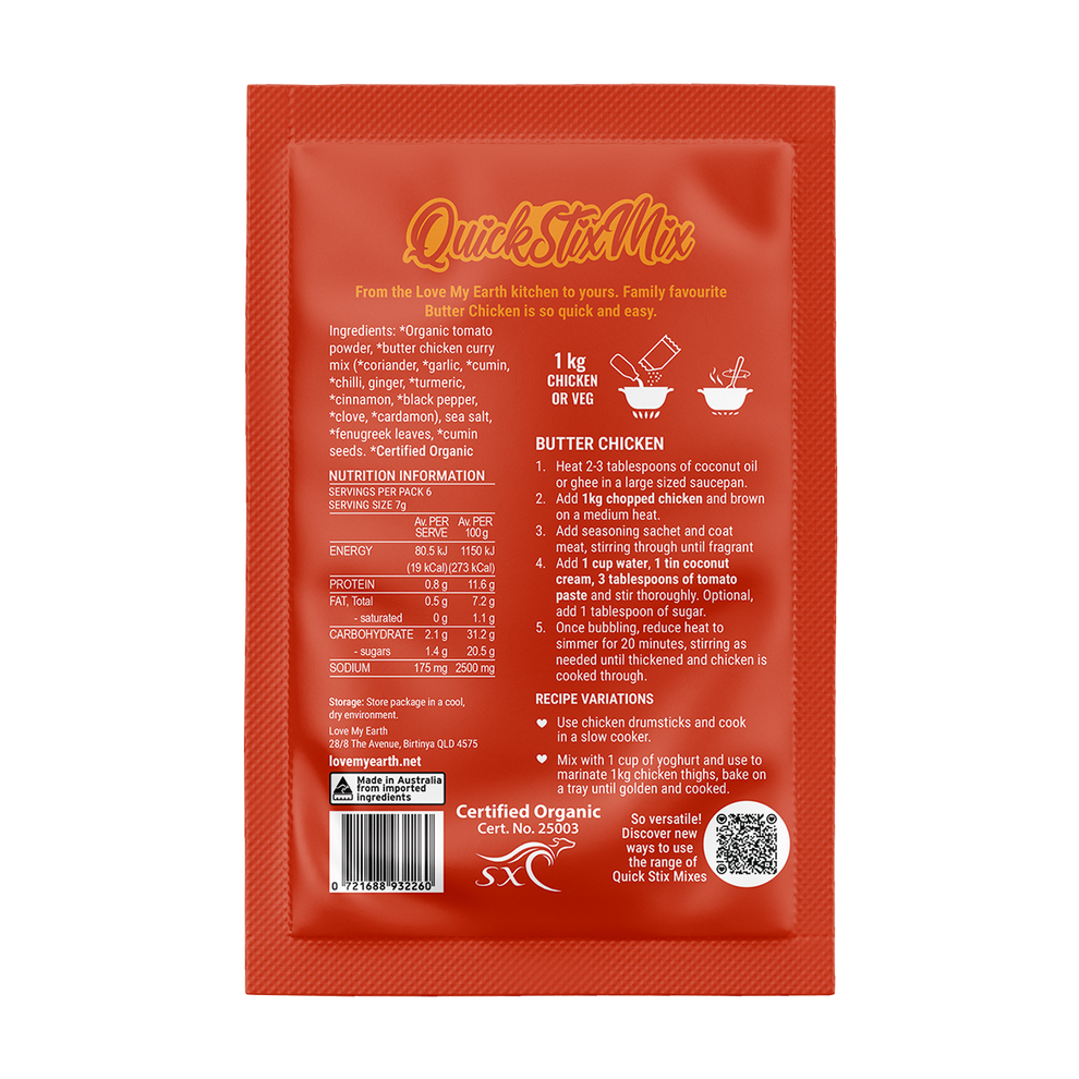 Butter Chicken Quick Stix Mix 45g - Organic recipe base & seasoning ...